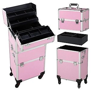 Topeakmart 3 In 1 Aluminum Professional Rolling Cosmetic Case, Beauty Storage Trolley, Make Up Storage Organizer, Makeup Travel Case - With Wheels, Folding Trays and Large Compartments - Pink