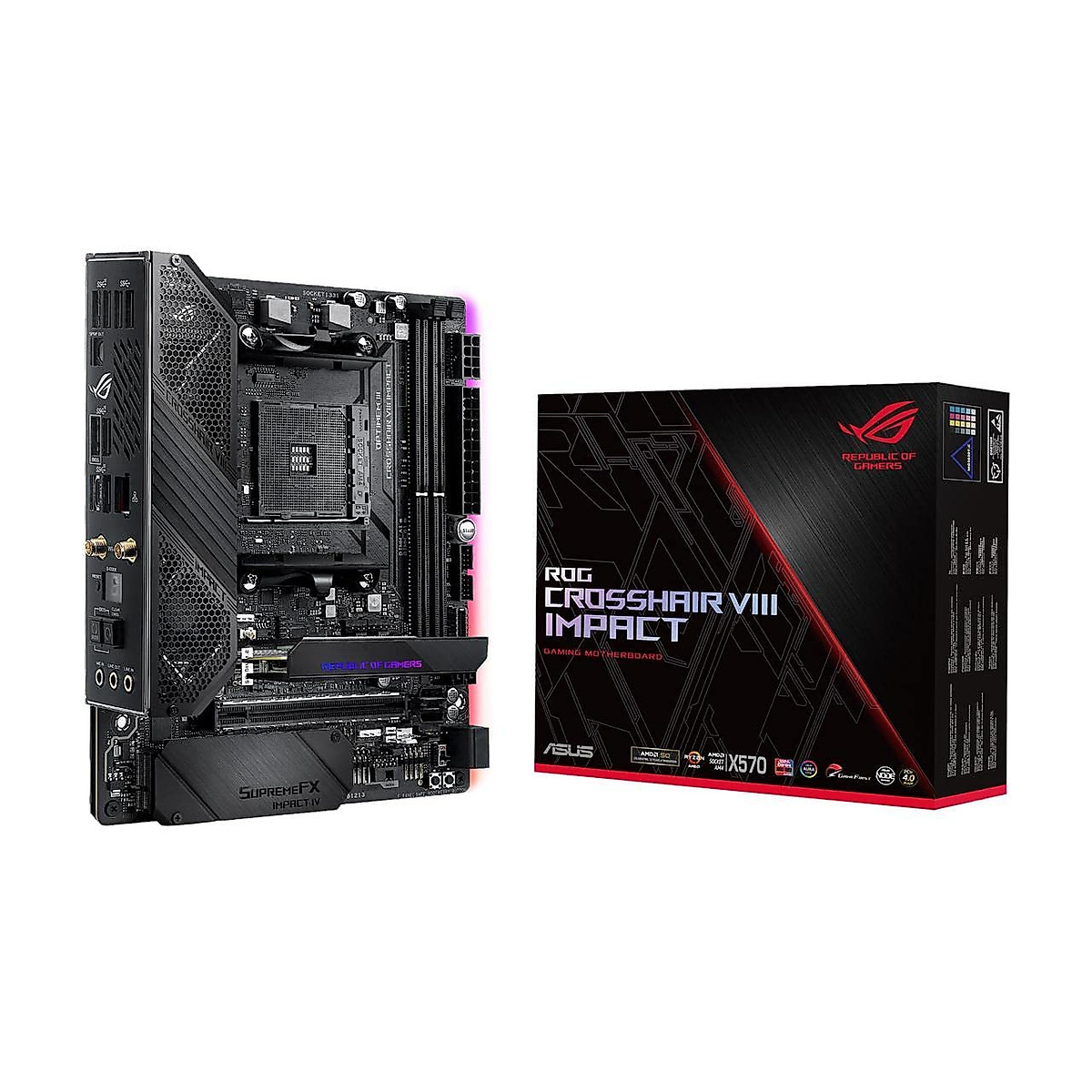Asus ROG (X570) Crosshair VIII Impact, AMD, AM4, Ryzen 3000, (Mini-DTX) SFF Gaming Motherboard with PCIe 4.0, On-board Wifi 6 (802.11Ax), Intel LAN, SATA 6GB/s, USB 3.2 Gen 2, SO-DIMM.2 and Aura Sync