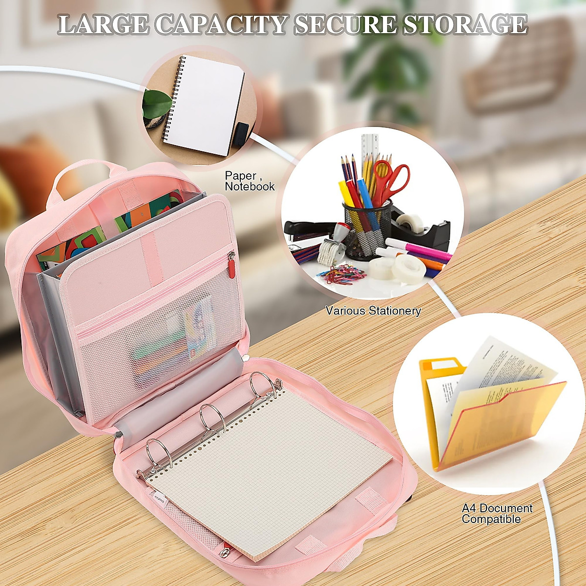 GXaryFulin Zipper Binder with Shoulder Strap & Handle, 3 O-Ring Binder for Office & School Supplies, Pink