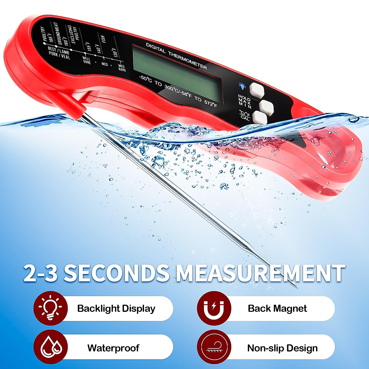 Xuhal 3 Pcs Instant Read Meat Thermometer Waterproof Precise Digital Food Thermometer Red Oven Grilling Cooking Thermometer with Folding Probe Backlight and Calibration for Kitchen Outdoor BBQ Candy