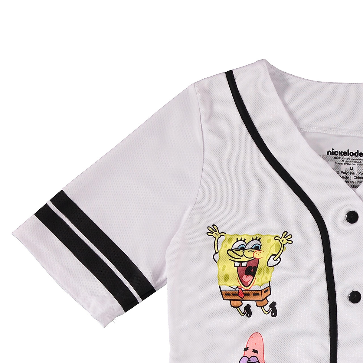 SpongeBob SquarePants Ladies Baseball Jersey - Spongebob, Mr Krabs, Squidward, Patrick Star - Mesh Button Down Baseball Jersey (White Baseball, X-Small)