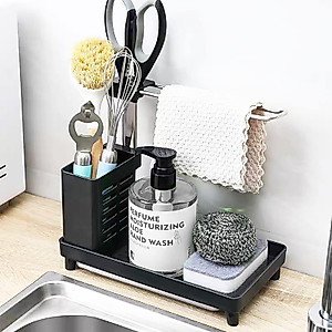 Kitchen Sink Caddy Sponge Holder with Drain Tray, Removable Sink Organizer for Dish Brush,Plastic & Stainless Steel Dish Rag Soap Holder, Non-Slip Dish Brush Holder Storage for Kitchen Counter