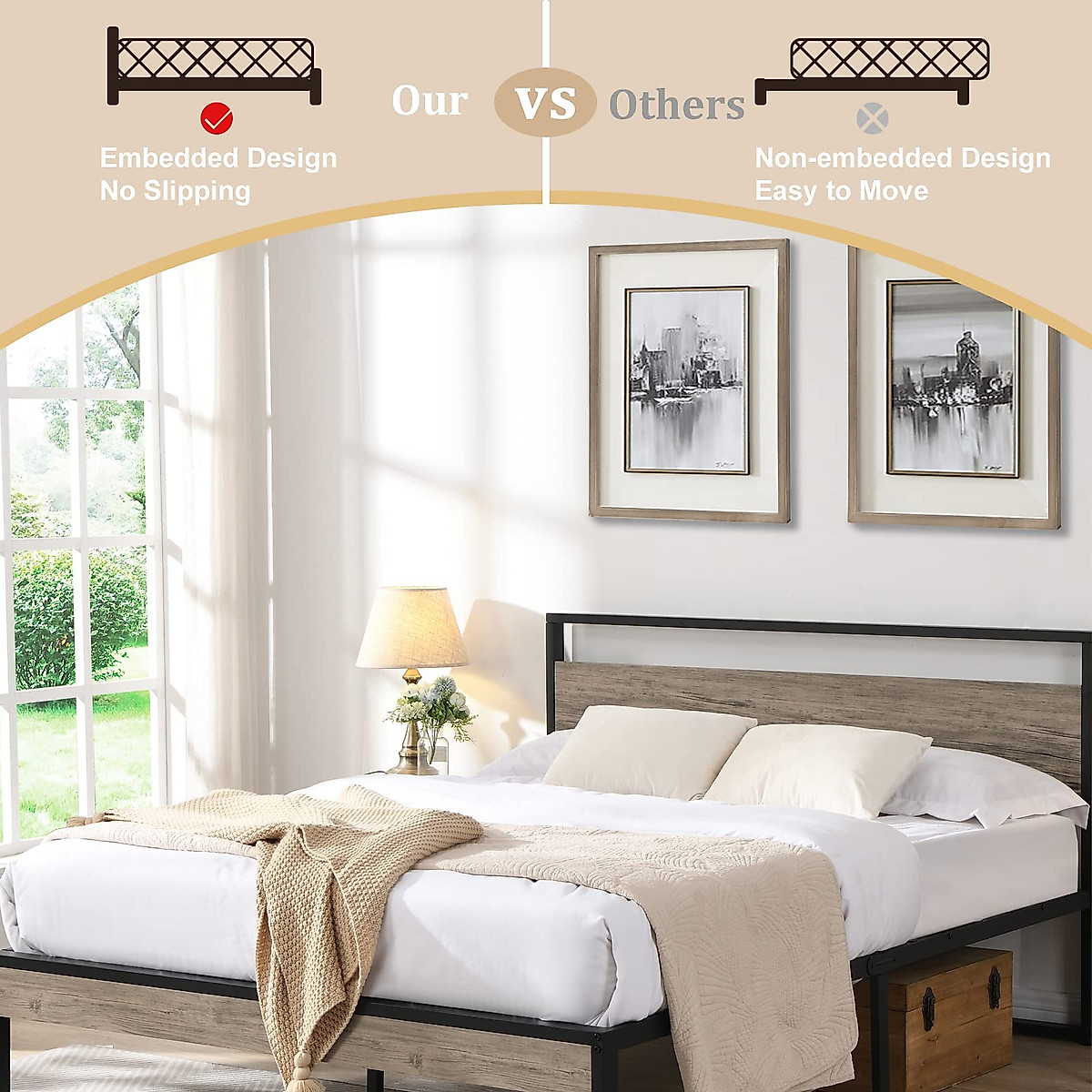 Zevemomo Queen Size Bed Frame, Queen Platform Bed Frame with Metal Slats and Wood Headboard & Footboard/Sturdy & Stable/No Box Spring Needed