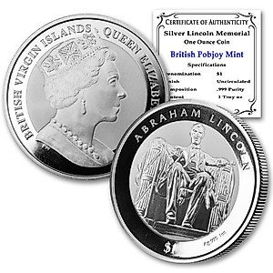 2022 1 oz British Virgin Islands Silver 100th Anniversary Lincoln Memorial Coin Brilliant Uncirculated with Certificate $1 BU