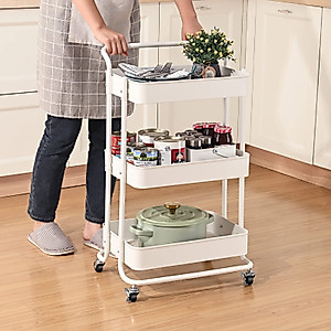 TOOLF 3 Tier Metal Rolling Cart, Utility Cart with Handle, Multifunction Storage Cart with Lockable Wheels, Serving Organizer Trolley with Mesh Basket for Kitchen, Bathroom, Office