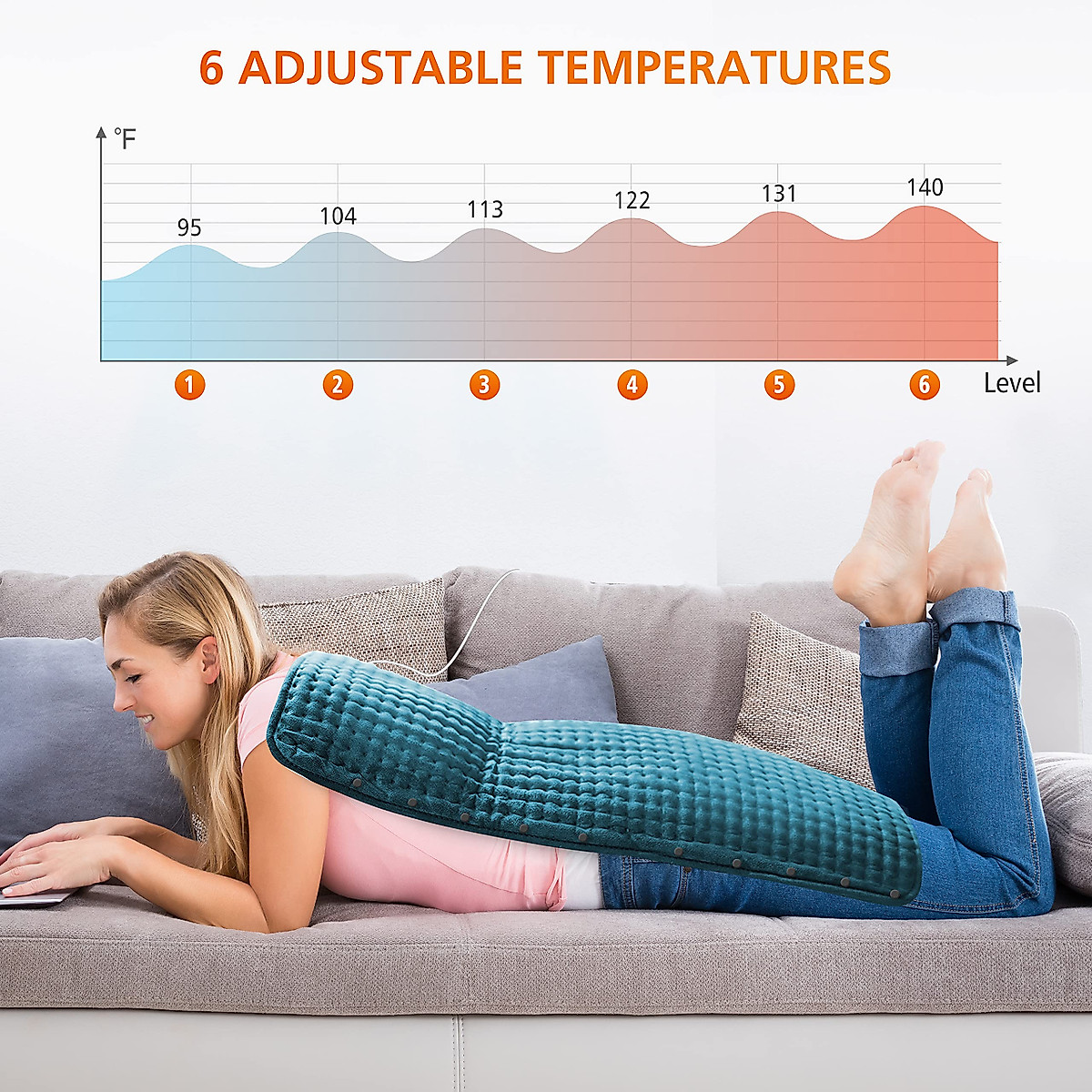 Snailax Heating Pad for Back Pain Relif, FSA HSA Eligible, 6 Temperature Settings & Auto Shut Off,17”x33, Washable Heat Pads for Abdomen,Feet,Back,Cramp, Office,Home(Green)