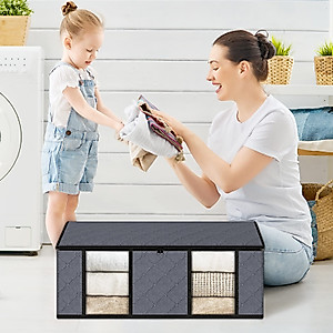 HomeHacks Storage Clothing Storage Bags, Storage Box Clothes Organizer with Clear Windows, Sturdy Handles Clothing Storage for Cloth, Toy, Bedding Storage, 6-Pack, Grey