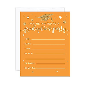 Andaz Press Orange and Gold Glittering Graduation Party Collection, Blank Invitations with Envelopes, 20-Pack