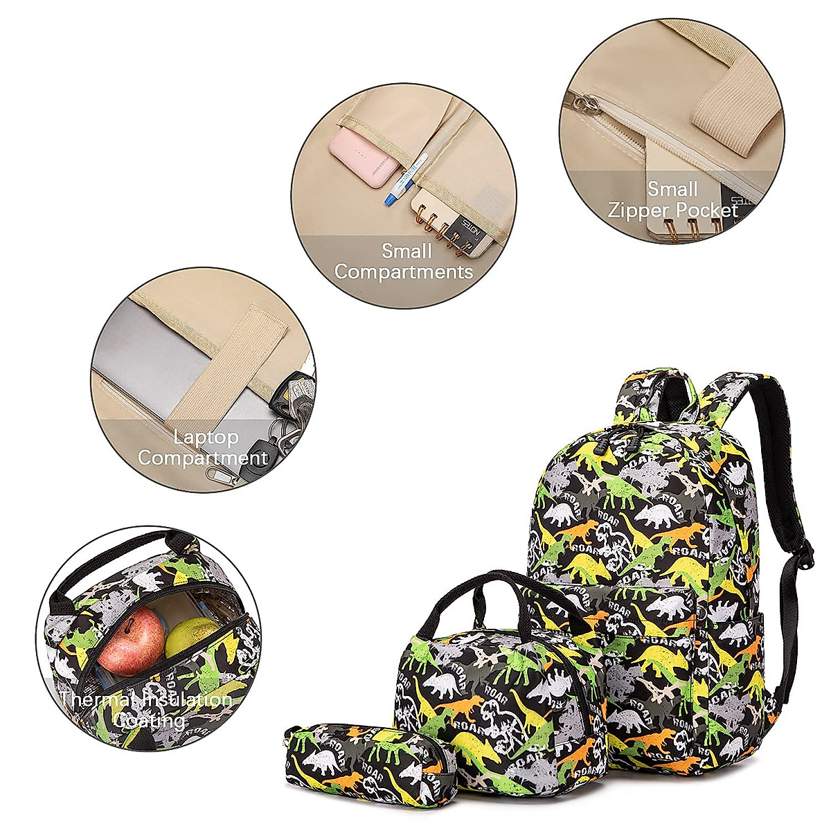 Ecodudo Cute Lightweight Dinosaur Backpacks Boys School Bags Kids Bookbags with Lunch Bag (Colorful Dinosaur Set)