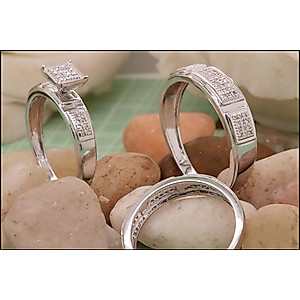 Dazzlingrock Collection 0.33 Carat (ctw) Round White Diamond Square Head Cluster Wedding Trio Ring Set for Him & Her in 925 Sterling Silver, Women size 6 & Men size 7.5