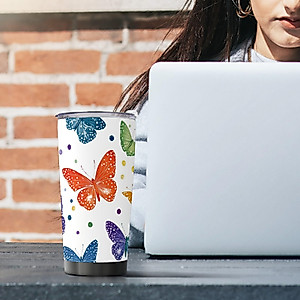 QWEUIOP 20oz Insulated Travel Coffee Mug Retro Butterfly Pattern Stainless Steel Tumbler with Lid Double Wall Vacuum Coffee Cup For Hot and Cold Drinks14029