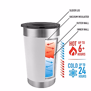 Tempercraft 16 oz Vacuum Insulated Tumbler | Custom Laser Engraved Options | Stainless Steel, Double-Walled Travel Mug (White - Custom)