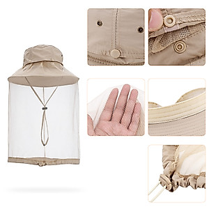 Mosquito Head Net Hat with Hidden Net Mesh for Outdoor Lover Hiking Fishing Beekeeping Gardening Men or Women (Khaki)