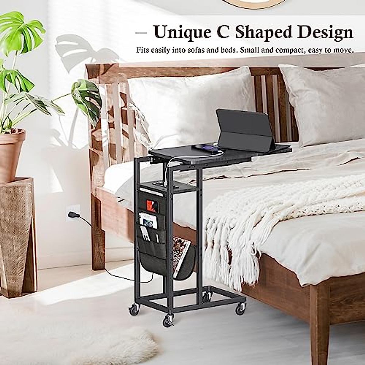 Colima C Shaped Slide Cover End Table with Charging Station, Narrow Sofa Side Table with USB Port and Wheels, Black Couch Bedside Table with Storage Bags for Office Living Room Bedroom