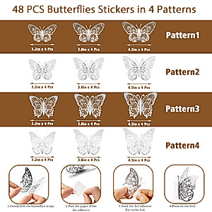 3D Butterfly Wall Decor Stickers Silver Butterfly Decorations Party, 48Pcs 4 Patterns 3 Sizes, Butterfly Cake Decorations Paper Butterflies Wall Decals for Kids Baby Nursery Room Bedroom Birthday