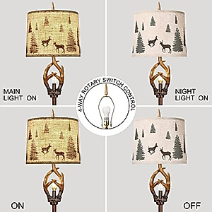 Scenekoy Rustic Farmhouse Antlers Floor Lamp with Nightlight Brown Finish Round Shade Lamps for Living Room Bedroom Office Study House