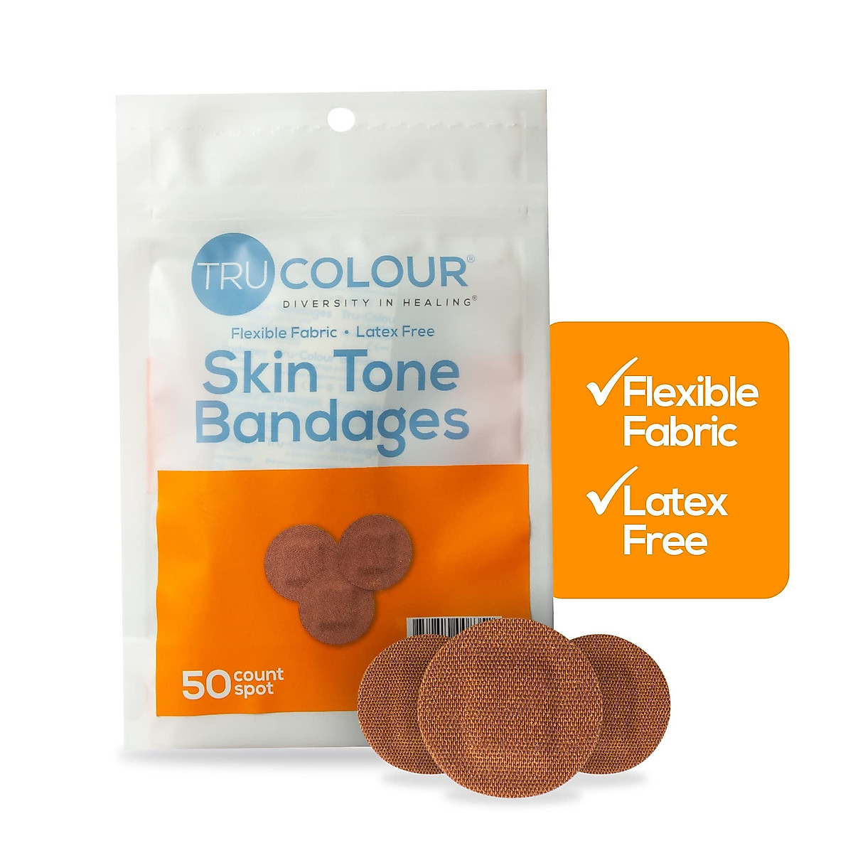 Tru Colour - Spot Bandages, Flexible Fabric Adhesive Bandages, Brown Skin Tone Shade, Orange Bag, 50 Count