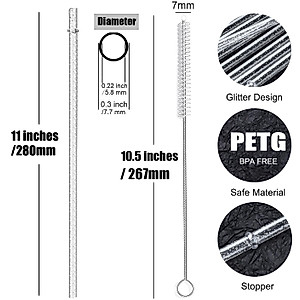 ALINK 12-Pack Reusable Clear Plastic Glitter Straws, 11" Long Hard Tumbler Replacement Straws for 20 OZ 30 OZ Stanley, Yeti/Rtic, Mason Jars with Cleaning Brush