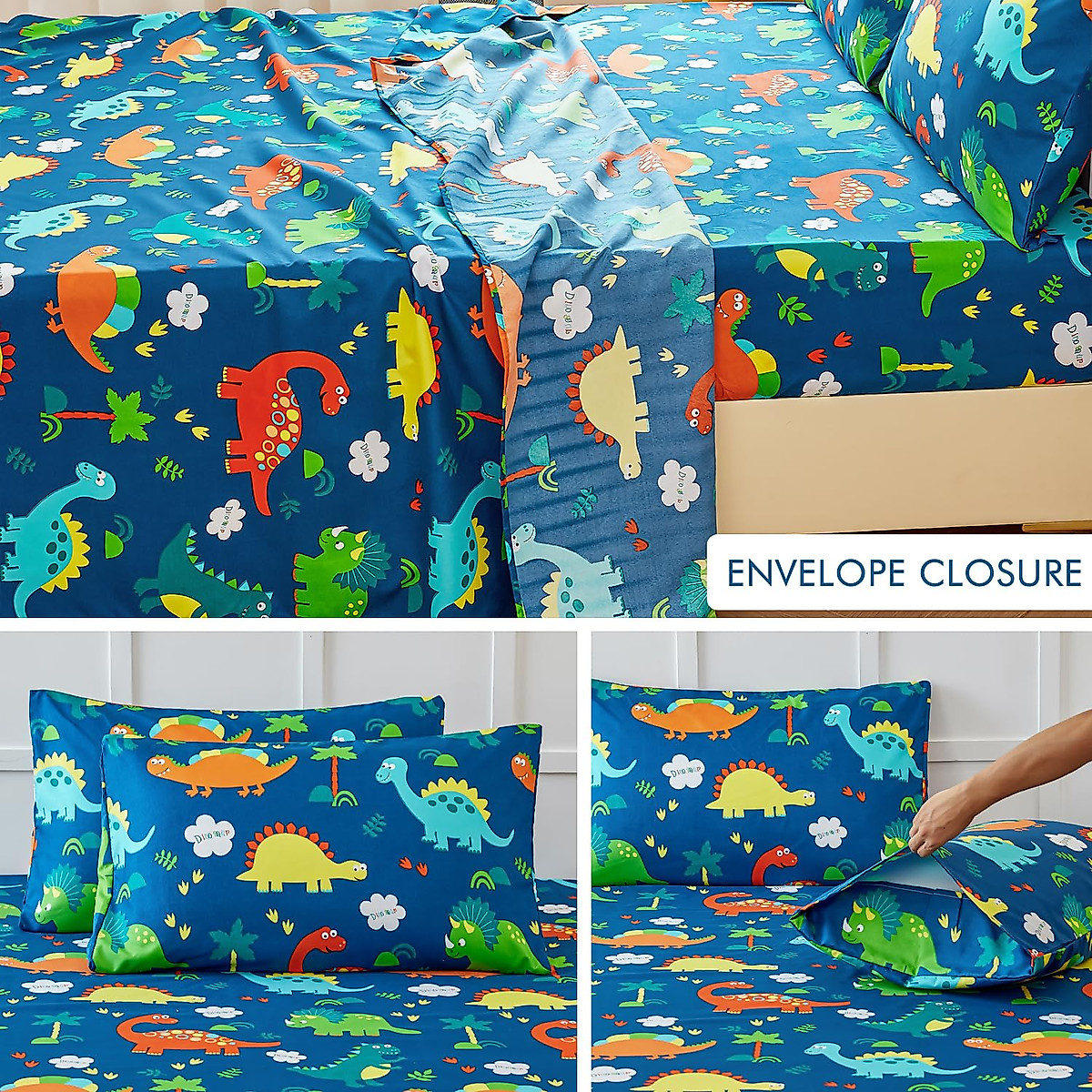 WINLIFE Dinosaur Sheet Set Twin for Boys 3 Piece - Soft Cozy Microfiber Twin Size Kids Sheets - Cartoon Dino Sheets for Twin Bed - Deep Pocket 16 Inches Teen Bed Sheets for Children, Navy