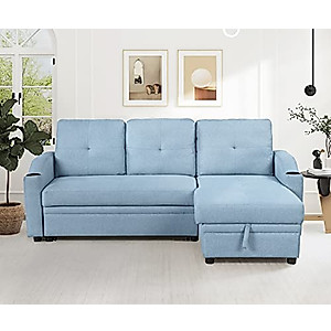 Merax 80.3'' Reversible Sleeper Sectional Sofa Couch with Pull-Out Sleeper, Corner Sofa Bed with Storage Chaise and Two Cup-Holders for Living Room Furniture Set (Blue)