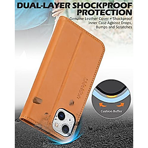 SHIELDON Case for iPhone 13 5G, Genuine Leather Durable Flip Wallet Kickstand RFID Blocking Credit Card Holder Magnetic Shockproof Protective Case Compatible with iPhone 13 (6.1" 2021 Release) - Brown