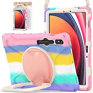 BATYUE Case for Samsung Galaxy Tab S9 FE 10.9" inch 2023, for Galaxy Tab S9 11" inch 2023, for Galaxy Tab S8/S7 Case with S Pen Holder/Rotating Stand/Shoulder Strap, Colourful Pink