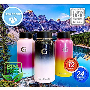 GenFlask 32oz insulated vacuum Stainless Steel ombre water bottle - Wide mouth straw lid leakproof tumbler (Black-Baby-Pink)