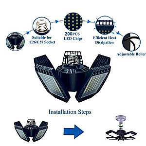 Garage Ceiling Lights, 10000LM Bright Led Deformable Lights for Garage, 100W LED Garage Light, Easy to Install 5 Glow Panels Ceiling Lamp for Basement Workshop Warehouse Attic Indoor Black