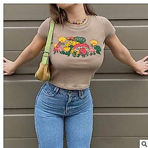 Women Cute Graphic Print Crop Top T-Shirt Aesthetic Short Sleeve Tee Tops Y2k E Girl Clothing(B Mushroom,S)