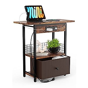 GiveBest End Table with Charging Station, Narrow Side Table with Cloth Drawer and Open Storage, Sofa Table with USB Ports and Outlets, Slim Bedside Table with Open Shelves for Living Room, Office