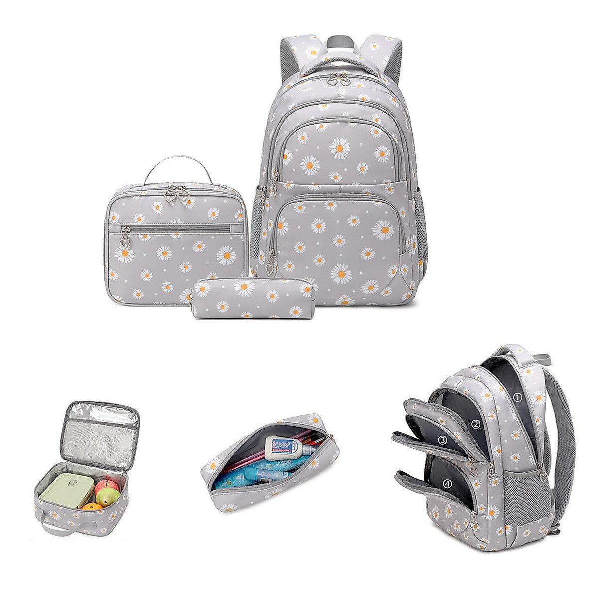 NIWEIYA 3-piece Daisy Backpack Print Girls Backpack Waterproof Children's Schoolbag Set Student Daily Lunch Bag (Green)