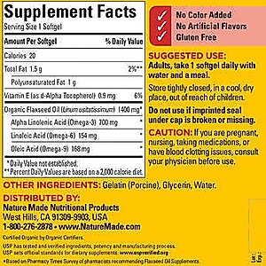 Nature Made Organic Flaxseed Oil 1400 mg Omega-3 700 mg 300 Softgels