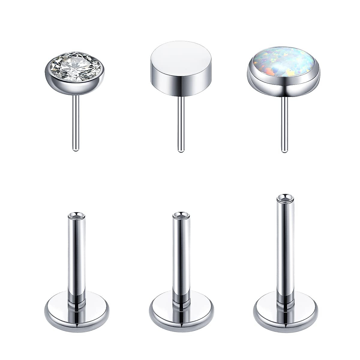 VOJO Tragus Labret Threadless Push in Cartilage Nose Studs G23 Titanium 20G Medusa Piercing Jewelry, Flat Backed Earrings for Helix (20G 6/6/8mm, White Opal)