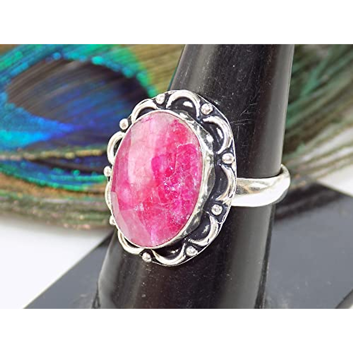 Ruby Pink Beryl Ring, Silver Plated Ring, Handmade Ring, Women Ring, Adjustable Ring (Size- 7.75 USA) BRS-394