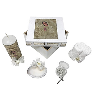 Baptism Candle Set in a Wooden Box with Towel, Catholic Baptism Kit,Candle, Rosary and Shell for Baby Boys and Girls. Handmade in Mexico Gift for Godparents. Holy Spirit Baptism Kit Kit de Bautizo.