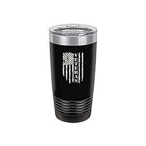 Rogue River Tactical USA Flag Veteran 20 Oz. Travel Tumbler Mug Cup w/Lid Vacuum Insulated Hot or Cold Military Vet Gift (Black)
