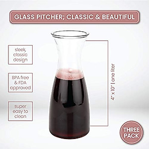3-Piece Glass Carafe Set – 1 Liter Pitchers for Party – 10 Inch Tall Jugs– Water or Milk Bottles