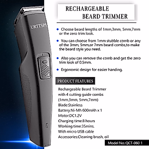 URTTSPI Cordless, Rechargeable,Electric Beard Mustache Hair Precision Trimmer Coded Guide Comb for Men