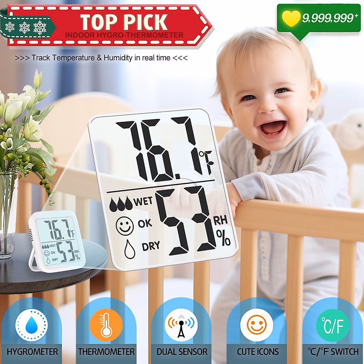 Antonki Room Thermometer Indoor Hygrometer, Humidity Gauge, Humidity Meter, Digital Temperature and Humidity Monitors for Home, Baby Room, Terrarium, Incubator, Greenhouse - 2 Pack