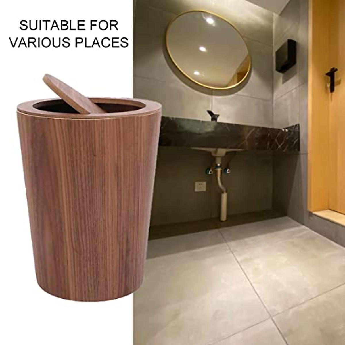 Nirelief Wood Waste Bin with Swing Lid Round Trash Can Kitchen Garbage Basket for Bedroom Wooden Rubbish Bin for Hotel Round Wastebasket Can Garbage Basket for Living Room Waste Bin with Swing Lid