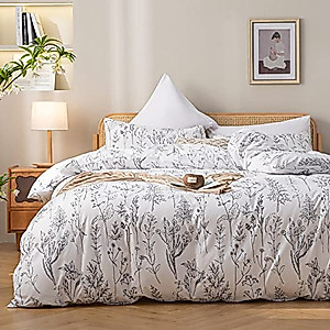 JANZAA 3pcs White Comforter Set, Soft Microfiber Bedding Plant Flowers Printed Comforter with 2 Pillow Cases for All Seasons(Queen)