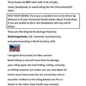 NoDamageHooks The Original for Fiber Cement Board siding ONLY! (4 Hooks and 1 Tool). Patented and Made in The USA. Also Available in 8 and 12 Packs.