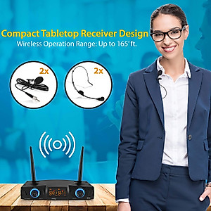 Pyle Compact UHF Wireless Microphone System-Pro Portable Dual Channel Desktop Digital Set w/ 2 Belt-Pack Transmitter, Receiver, 2 Headset, Lavalier Mics, XLR, for Home, PA (PDWM2958B.5)