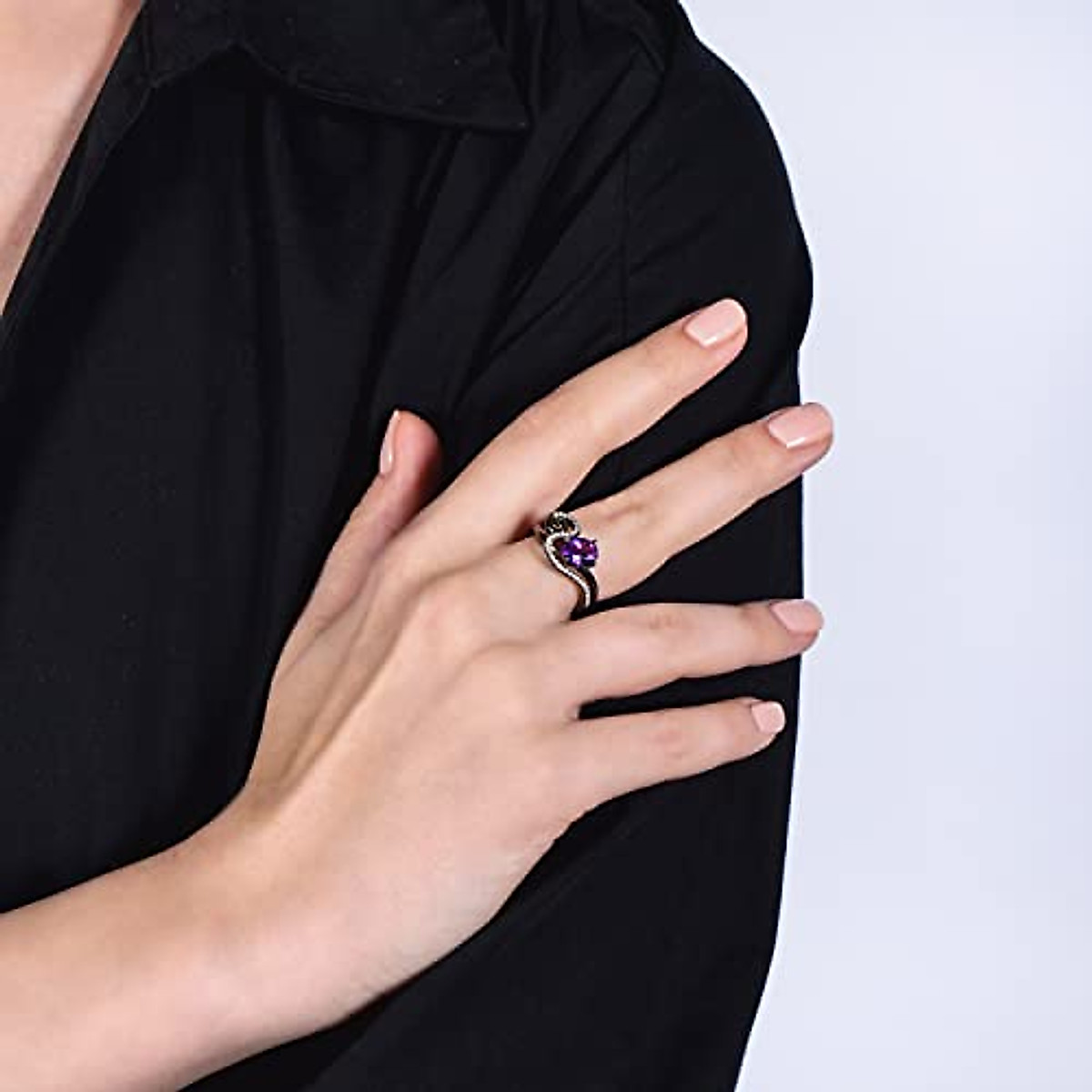 Jewelili Enchanted Disney Fine Jewelry Black Rhodium over Sterling Silver 8x6 MM Oval Shape Amethyst and 1/6 Cttw Natural White Round Diamond Ursula Ring, Size 7