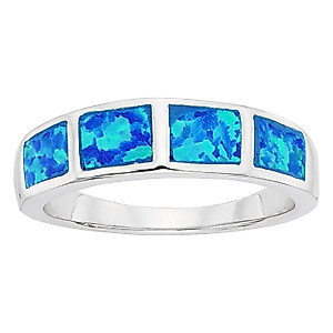 Beaux Bijoux Sterling Silver Simulated Opal Ring for Women | Created Blue Opal Gemstone Band Ring | Fine Jewelry