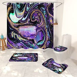 Dexsawoi 4-Piece Purple Marble Shower Curtain Set with Non-Slip Purple Blue Crystal Mineral Marble Carpet, Toilet lid, and Bath mat. Bathroom Curtain with 12 Hooks 72 x 72 inches