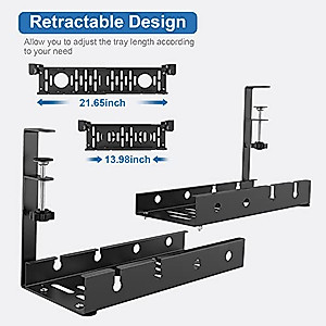 Under Desk Cable Management Tray, ARUQO Retractable Cord Organizer for Desk, No Drill Cable Tray Basket for Wire Management, Sturdy Metal Cable Management Under Desk with Clamp for Home Office