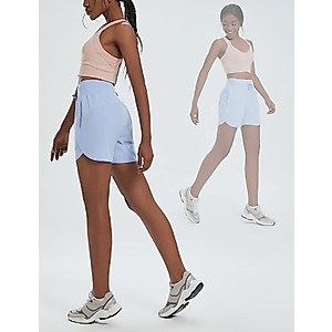 BALEAF Women's 5" Workout Shorts Athletic Running Shorts High Waisted with Zipper Pocket Gym Quick Dry Hiking Sports Light Blue L