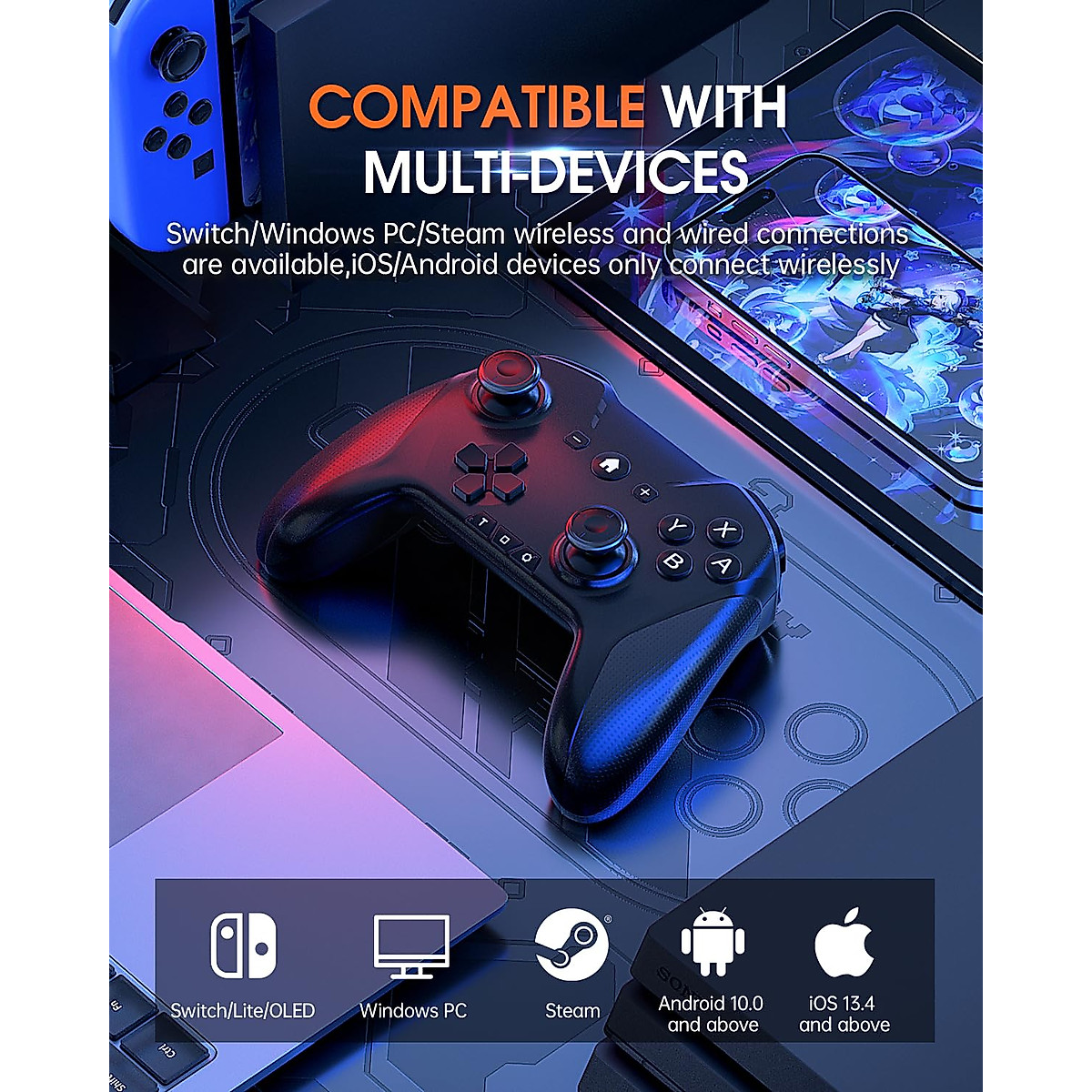 Wireless Switch Pro Controller, Bluetooth Controller Compatible for Switch/Lite/OLED/PC/IOS/Android/iPhone/Phone/Steam/Mac/iPad/TV,Support Macro Programmable/6-Axis/Wakeup/Turbo/Vibration Screenshot (HD-6500 Black)
