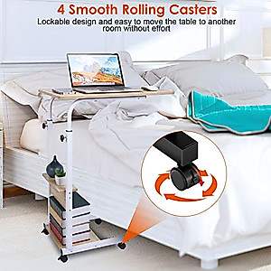 TeqHome C Shaped End Table, Height Adjustable C Side Table with Metal Frame, 4 Wheels and Storage Shelves, Rustic Snack TV Tray Table for Couch, Bed, Sofa, Living Room, Bedroom (Wood Color)